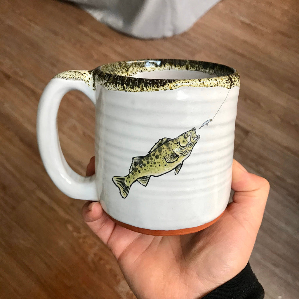 Walleye Mug with Black and Green Lip Drip – Pittsburgh Pottery